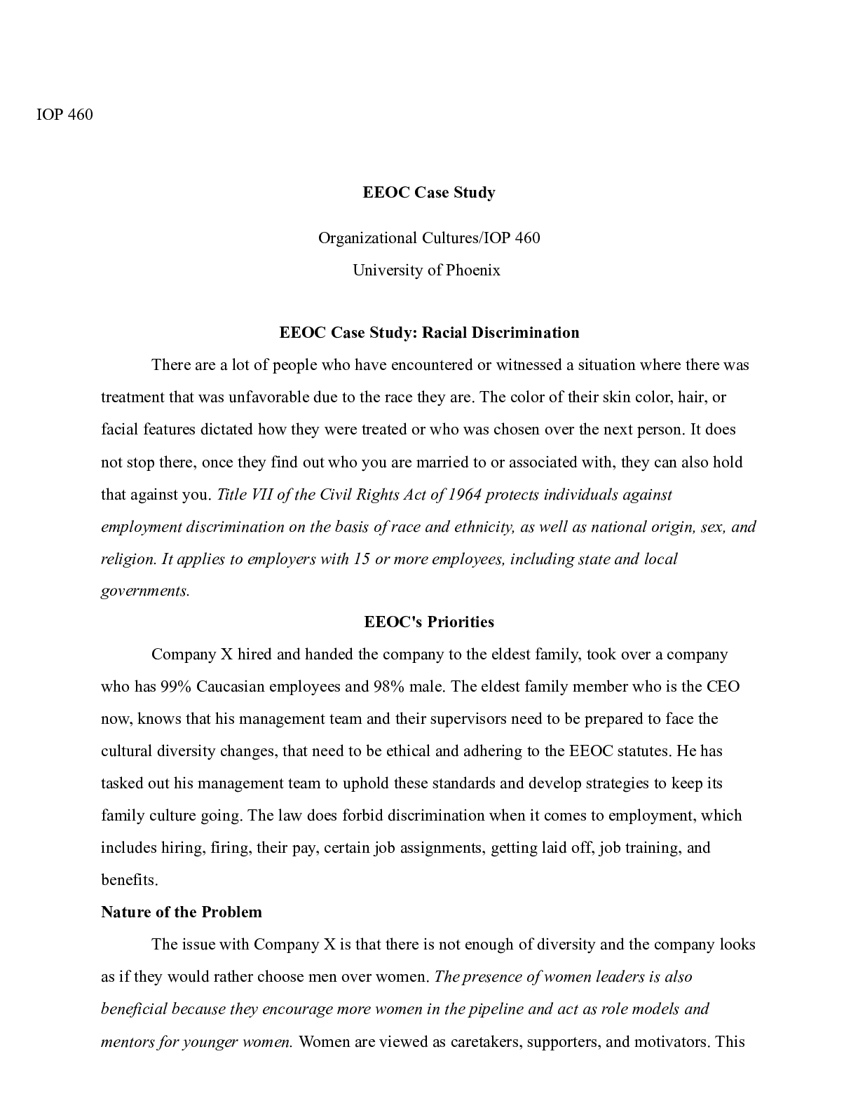 EEOC Case Study.docx IOP 460 EEOC Case Study Organizational Cultures/IOP 460 Univers ...